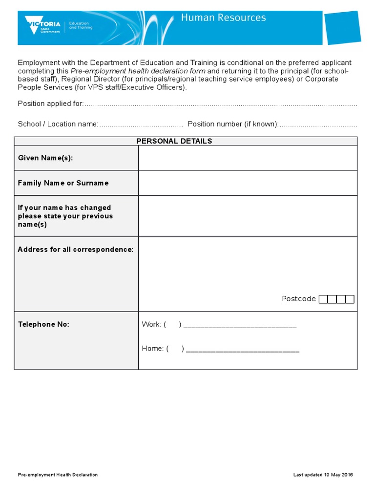 Pre Employment Health Declaration | PDF | Employment | Occupational ...