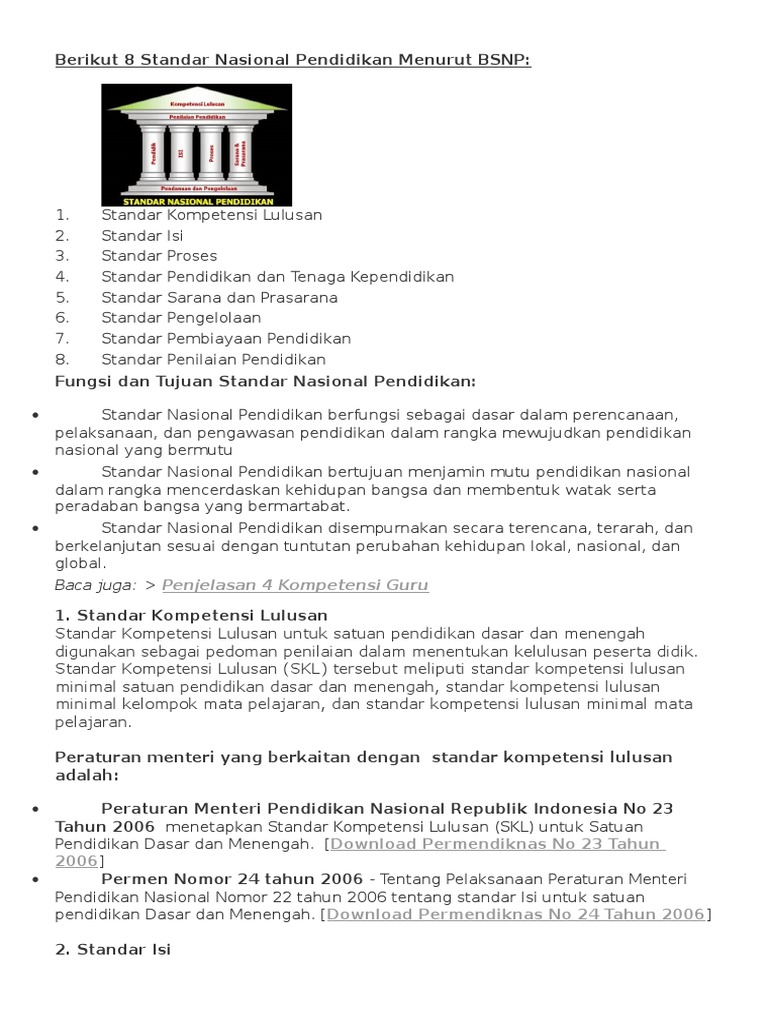 8 Standar Nasional Pendidikan Menurut BSNP Dan Contoh Soal | PDF
