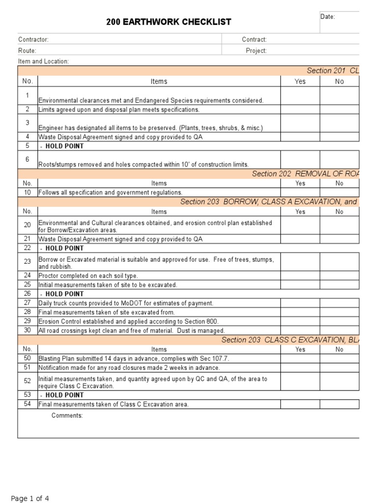 200 Earthwork Checklist: Section 201 Clearing and Grubbing | Download ...