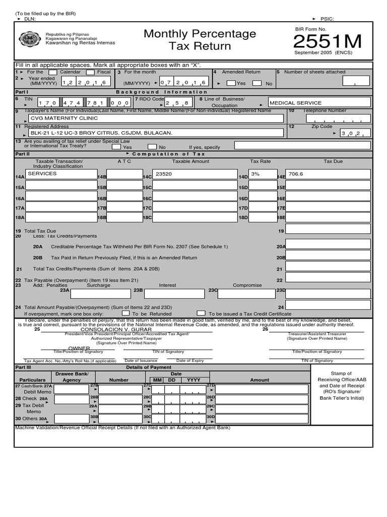 Monthly Percentage Tax Return: Fill in All Applicable Spaces. Mark All ...