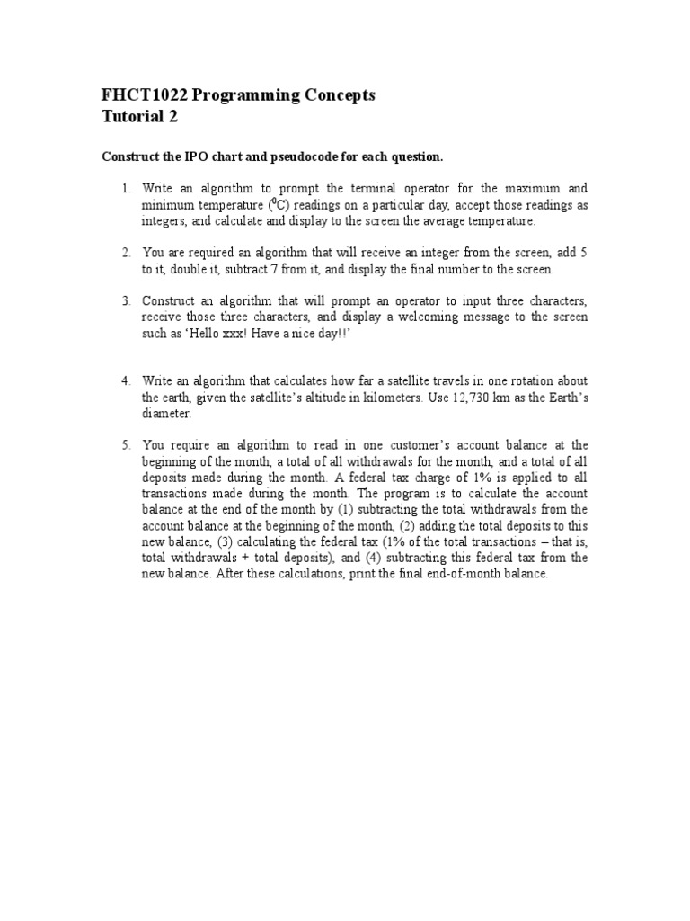 FHCT1022 Programming Concepts Tutorial 2: Construct The IPO Chart and ...