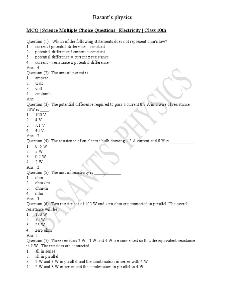 Basant's Physics: MCQ - Science Multiple Choice Questions - Electricity ...