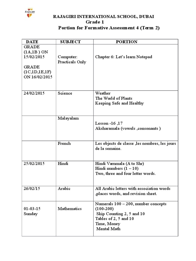 Grade 1 Portion For Formative Assessment 4 (Term 2) : Rajagiri ...