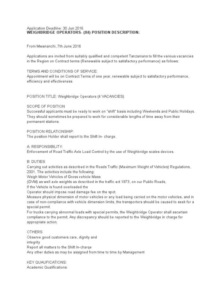Weighbridge Operators - (X4) Position Description | PDF | Transport ...