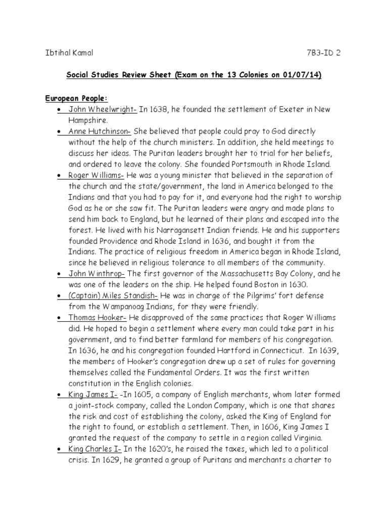 S.S Review Sheet | PDF | Thirteen Colonies | Jamestown, Virginia
