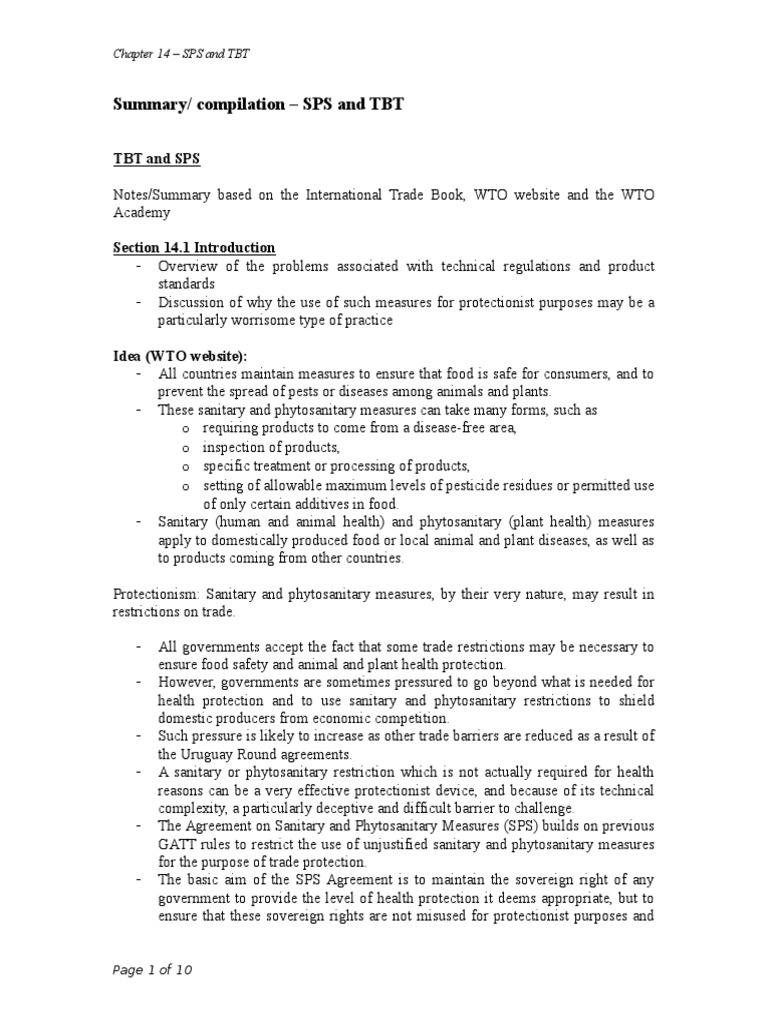 Summary Notes WTO SPS and TBT | PDF | World Trade Organization | Business