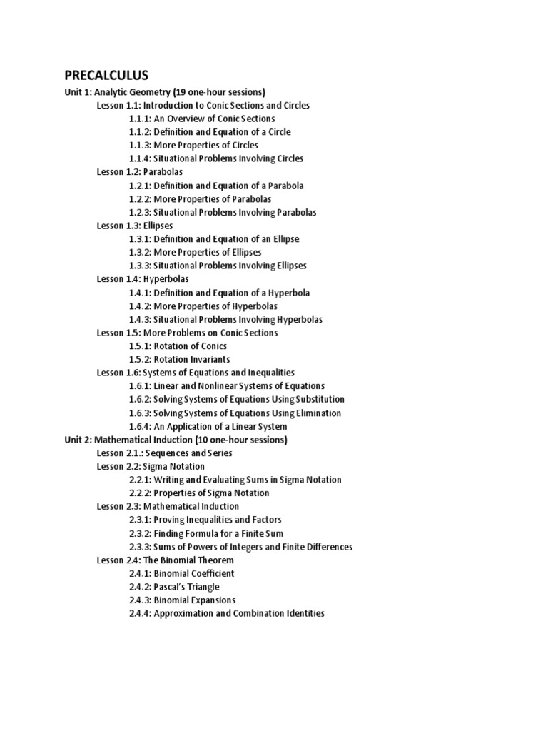 Precalculus: Unit 1: Analytic Geometry (19 One-Hour Sessions) | PDF ...