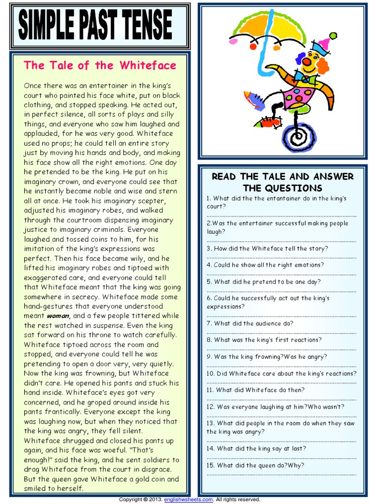 Simple Past Tense The Tale of Whiteface 1 (Reading Comprehension) PDF | PDF