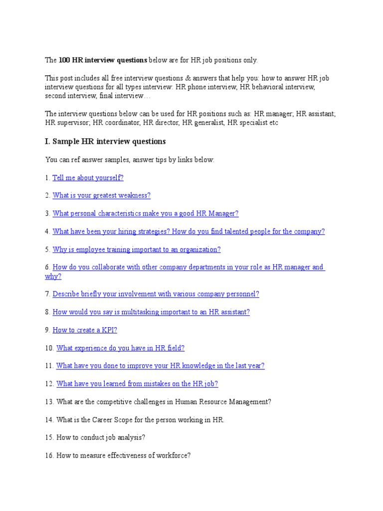 100 HR Interview Questions | PDF | Human Resource Management | Employee ...