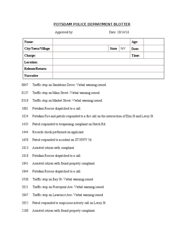 Potsdam Police Daily Activity Log | PDF | Law | History