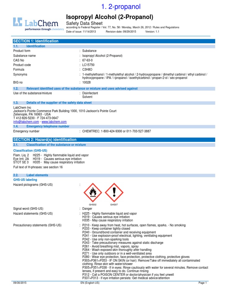 Isopropyl Alcohol (2-Propanol) : Safety Data Sheet | Download Free PDF ...