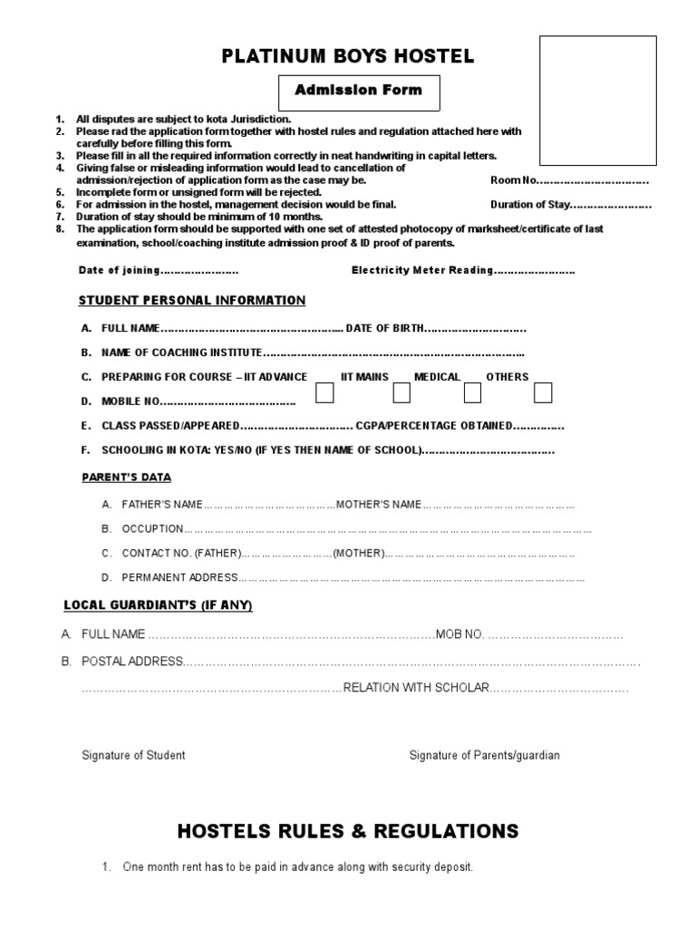 Platinum Boys Hostel: Admission Form | PDF | Business