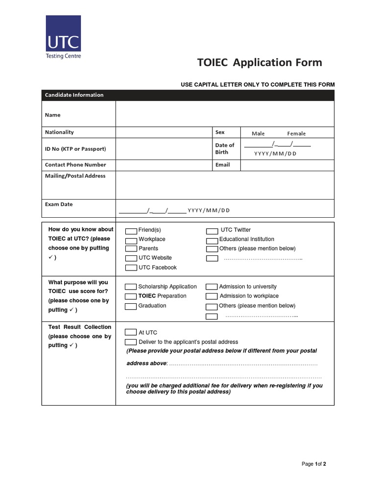 TOIEC Application Form: Candidate Information | PDF