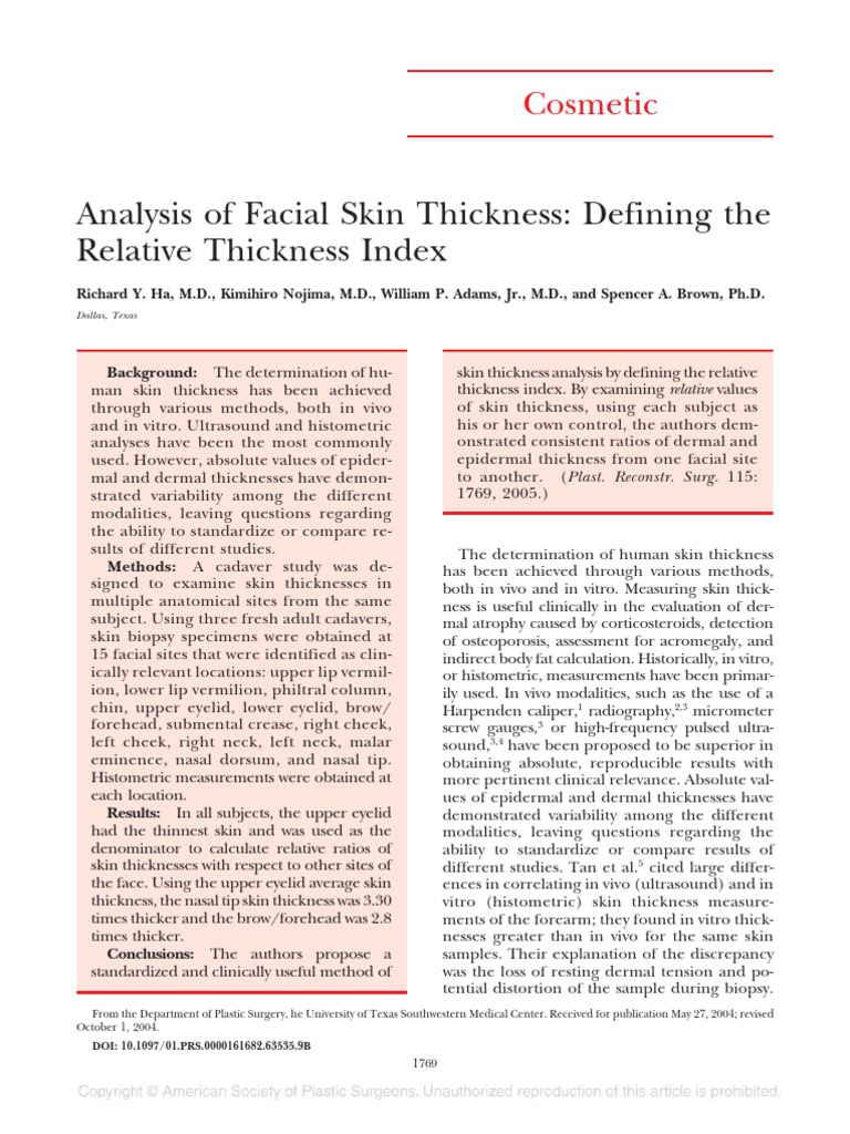 Analysis of Facial Skin Thickness: Defining The Relative Thickness ...