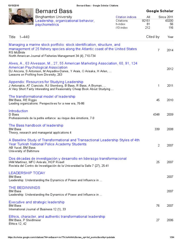 Bernard Bass - Google Scholar Citations | Download Free PDF | Transformational Leadership ...