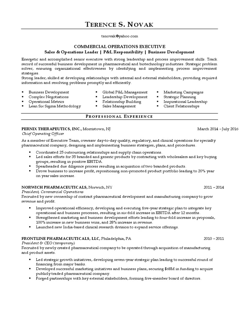 Chief Commercial Officer Sales in New York City Resume Terence Novak ...