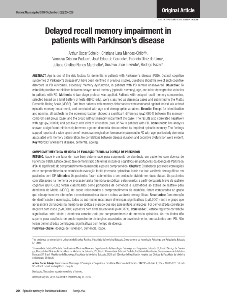Delayed Recall Memory Impairment in Patients With Parkinson's Disease ...