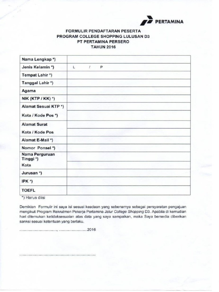 Formulir Pendaftaran Pertamina | PDF