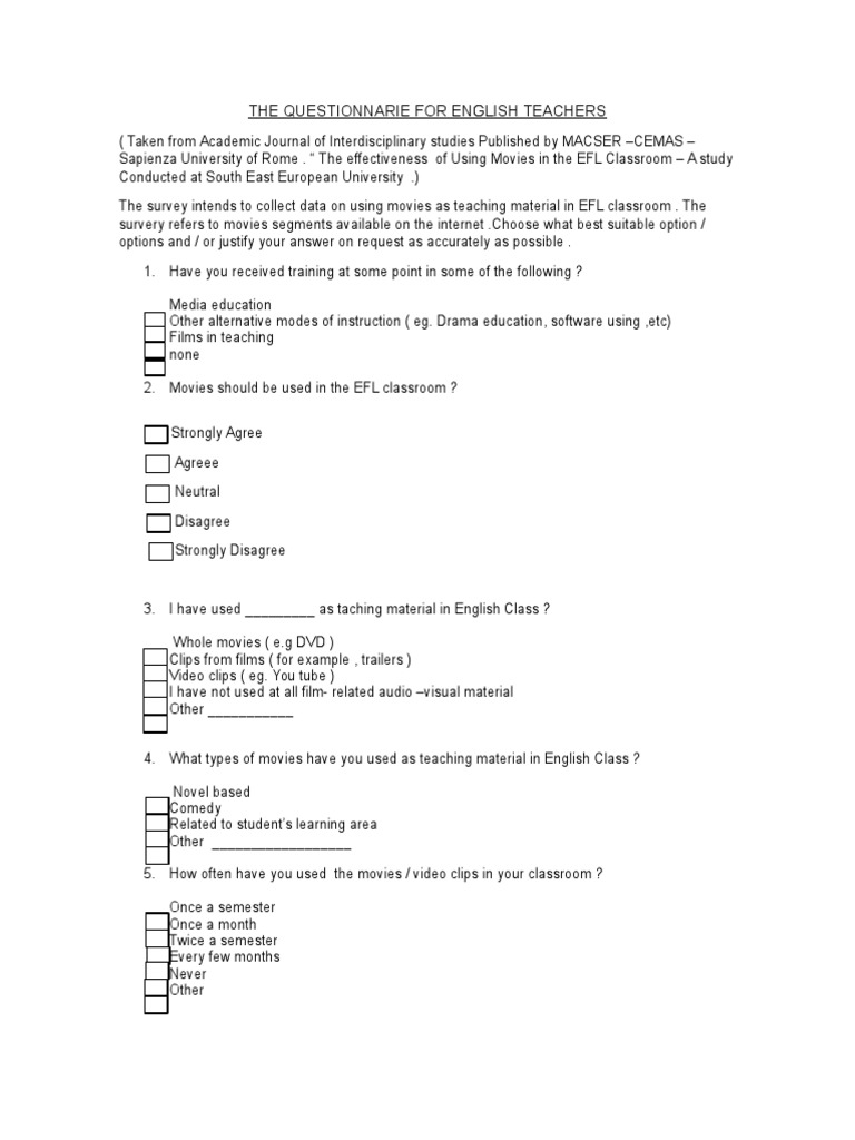 The Questionnarie For English Teachers | PDF | English As A Second Or ...