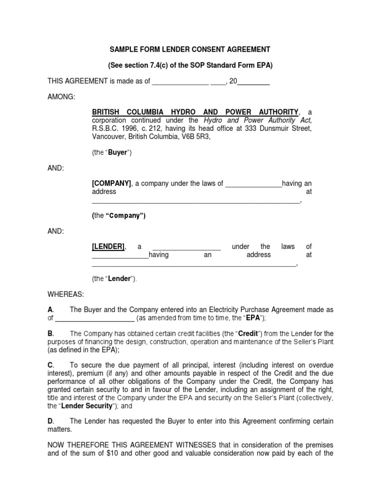 Sample Form Lender Consent Agreement | PDF | Assignment (Law) | Credit (Finance)