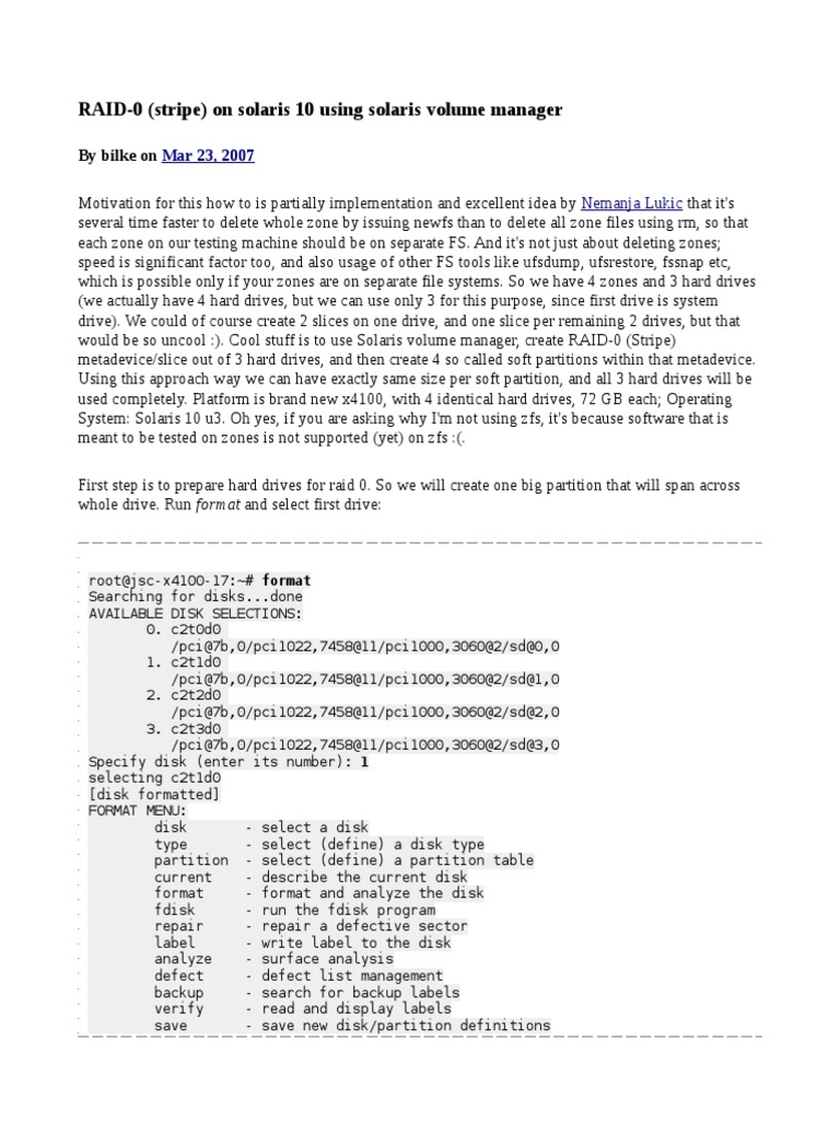 RAID-0 (Stripe) On Solaris 10 Using Solaris Volume Manager | PDF | Disk ...