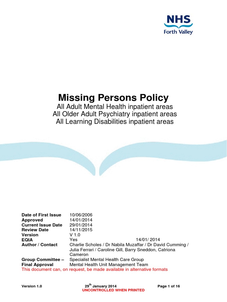 Missing Persons Policy for Mental Health | PDF | Patient | Hospital