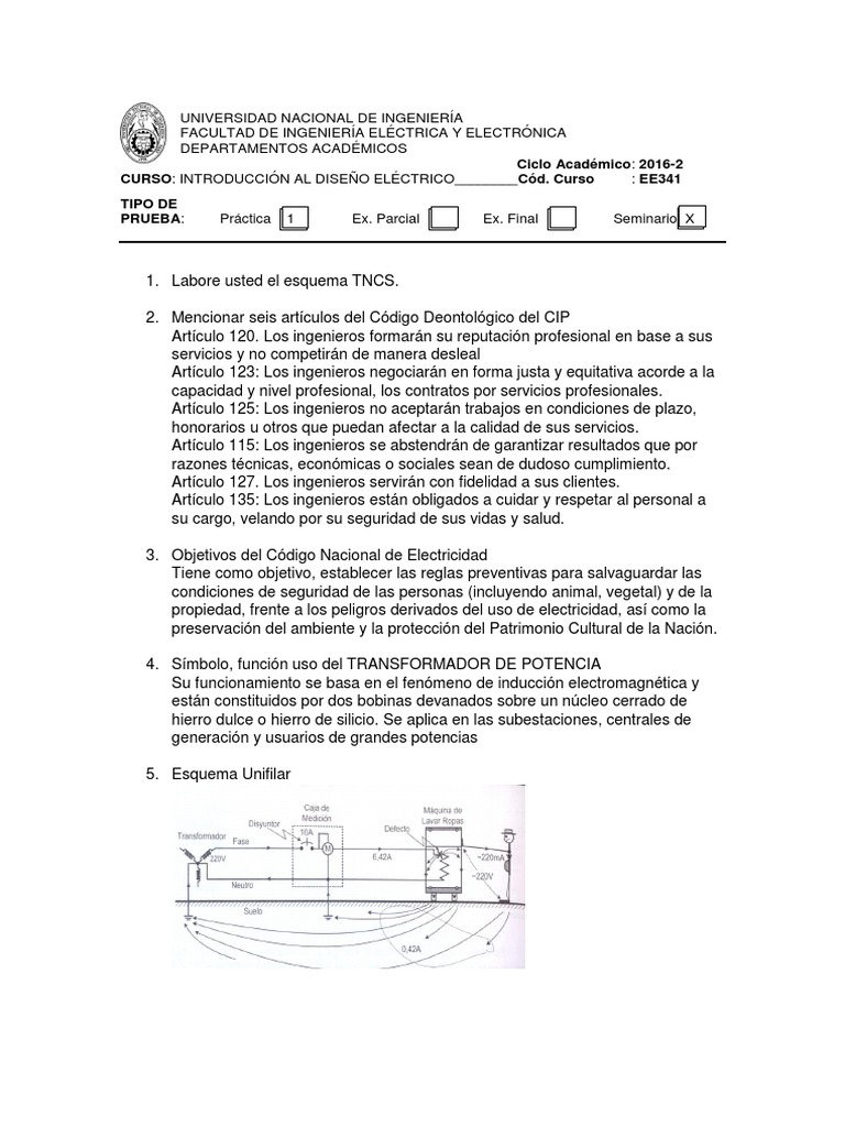 EE341 - INTRODUCCIÓN AL DISEÑO ELÉCTRICO 1era Práctica Calificada | PDF | Ingeniería | Electricidad