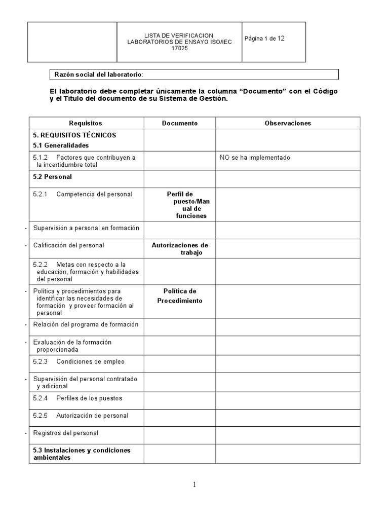 Lista Verificación ISO 17025 - Requisitos Técnicos - TECSUP | PDF | Calibración | Metrología