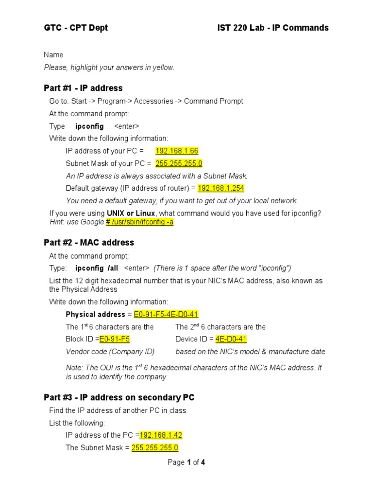 Ist 220 A2 Ipconfig Ping | PDF | Ip Address | Transmission Control Protocol