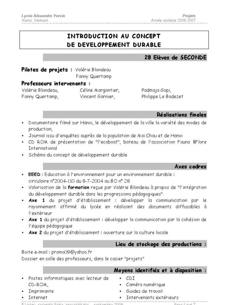 Fiche Projet Développement Durable | Réalisation de films ...