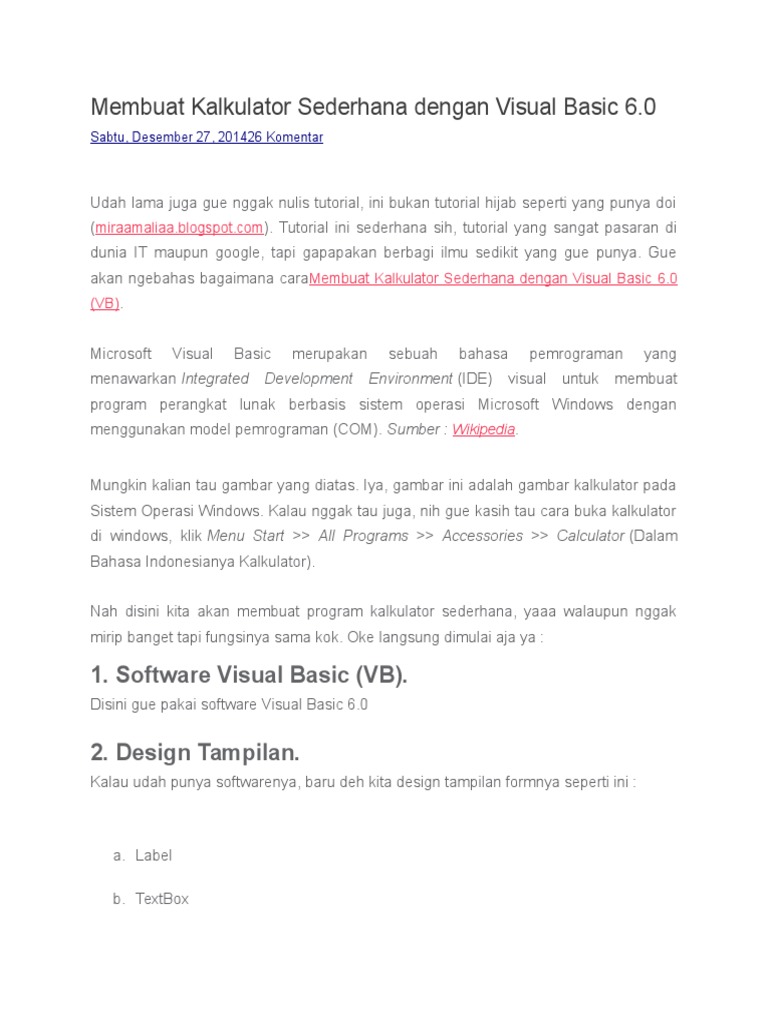 Membuat Kalkulator Sederhana Dengan Visual Basic 6 | PDF