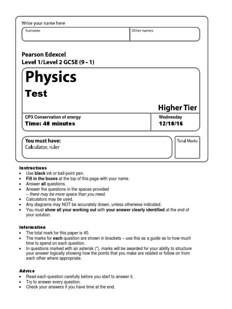 Pearson Edexcel GCSE Combined Science CP3 Test With Mark Scheme 16 - 17 ...