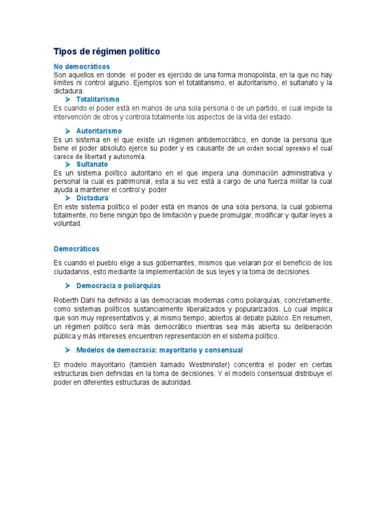 Tipos de regímenes políticos explicados | PDF