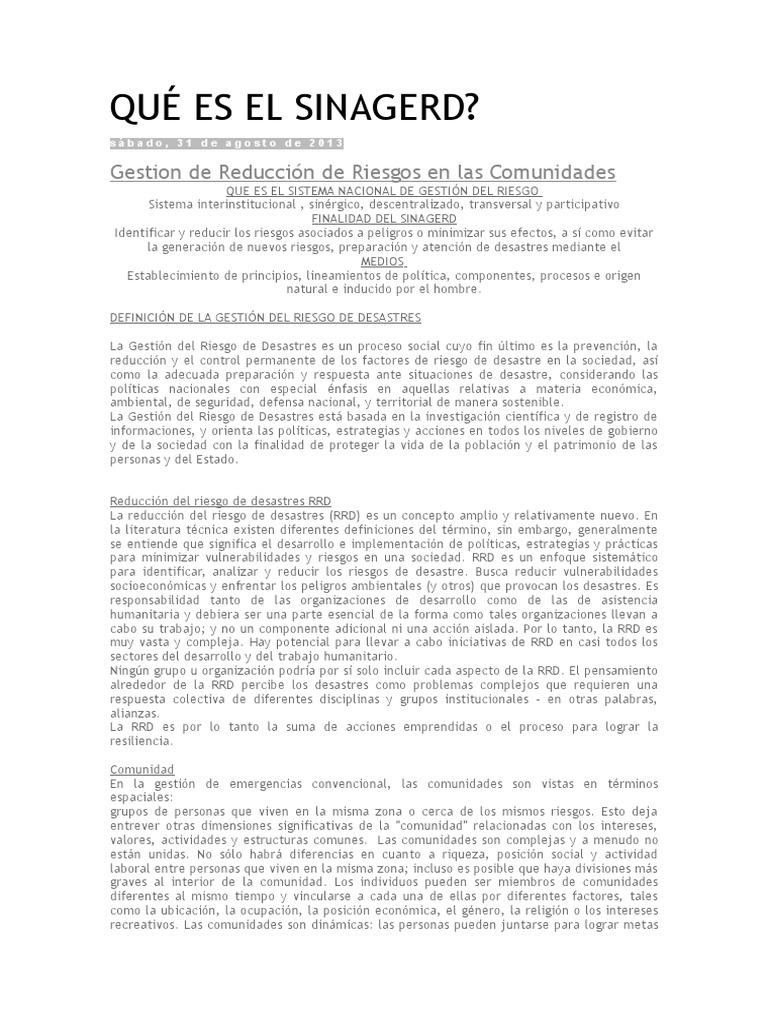 Gestión de Riesgos: SINAGERD Perú | PDF | Comunidad | Riesgo