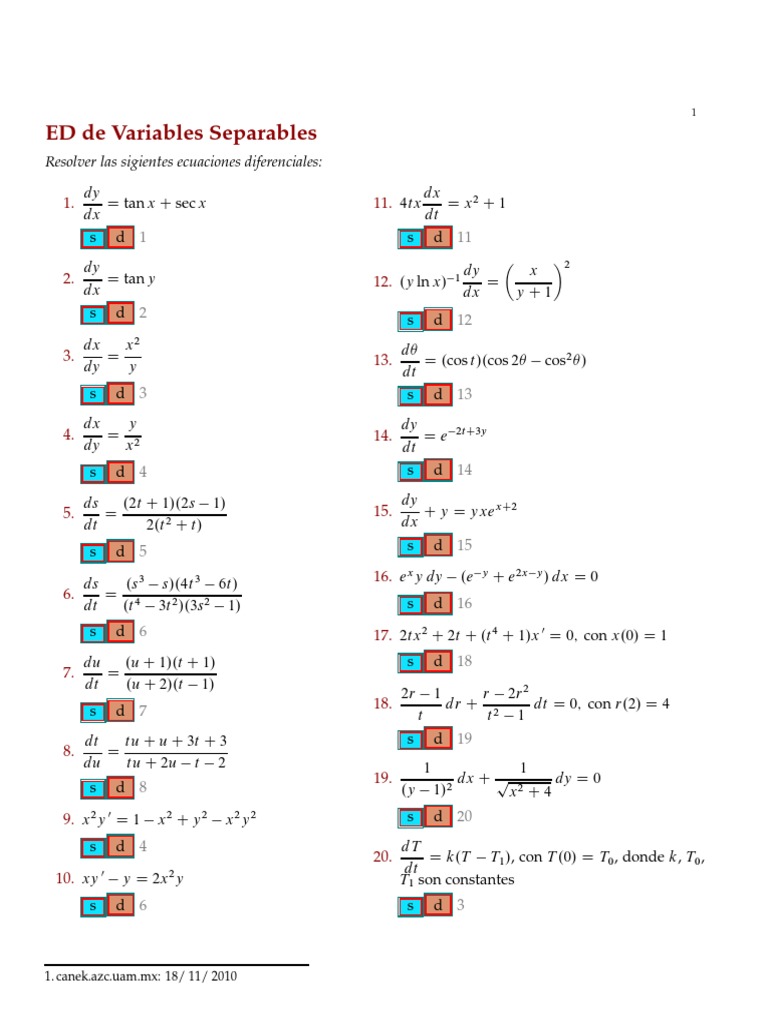 Ejercicios de Variables Separables PDF | PDF | Métodos y materiales de enseñanza | Tecnología