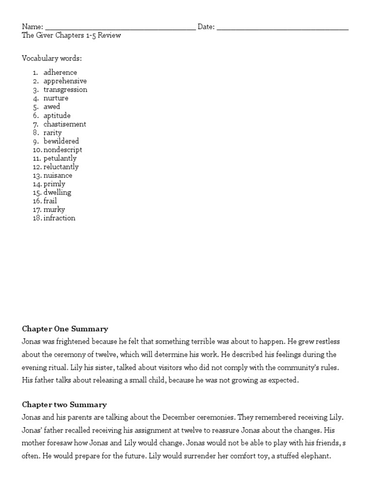 Chapter One Summary | PDF | The Giver