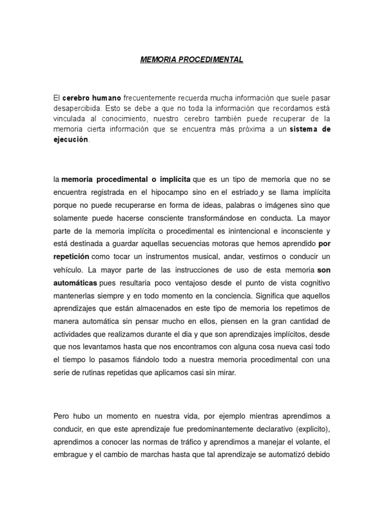 Memoria Procedimental y Aprendizaje | PDF | Memoria | Procesos mentales
