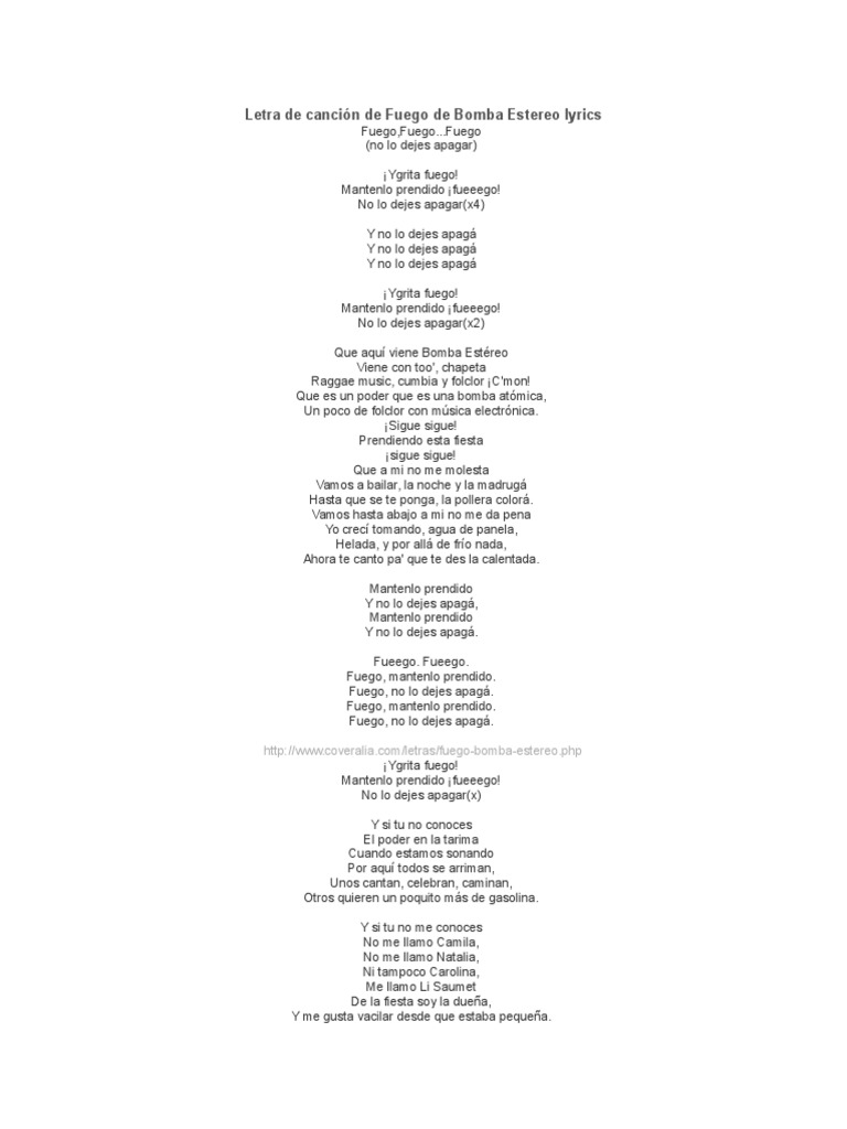 Letra de Canción de Fuego de Bomba Estereo Lyrics | PDF