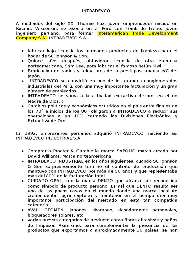 Historia y Evolución de INTRADEVCO | PDF