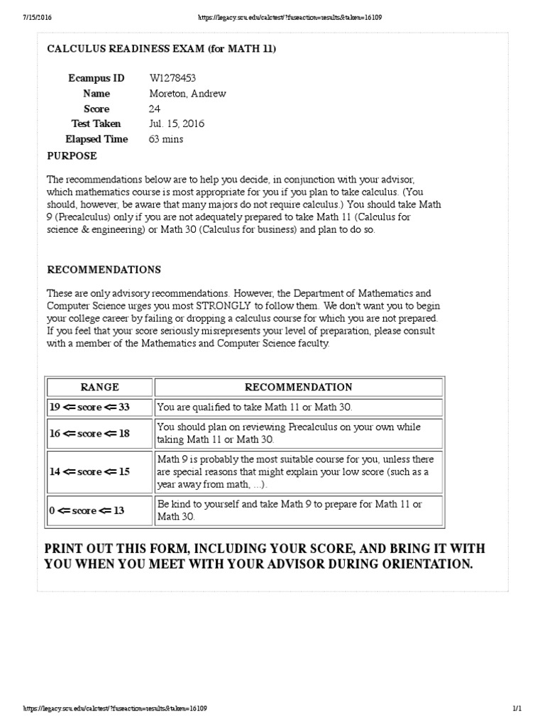 Calculus Readiness Exam (For Math 11) Ecampus ID Name Score Test Taken ...