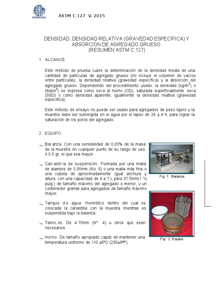 Resumen Astm C 127 | PDF | Densidad | Masa