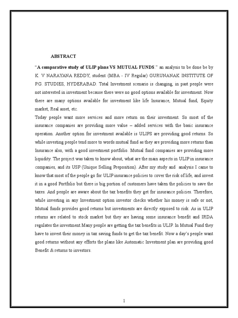 A Project Report On Comparative Analysis Ulip Vs Mutual Funds ...