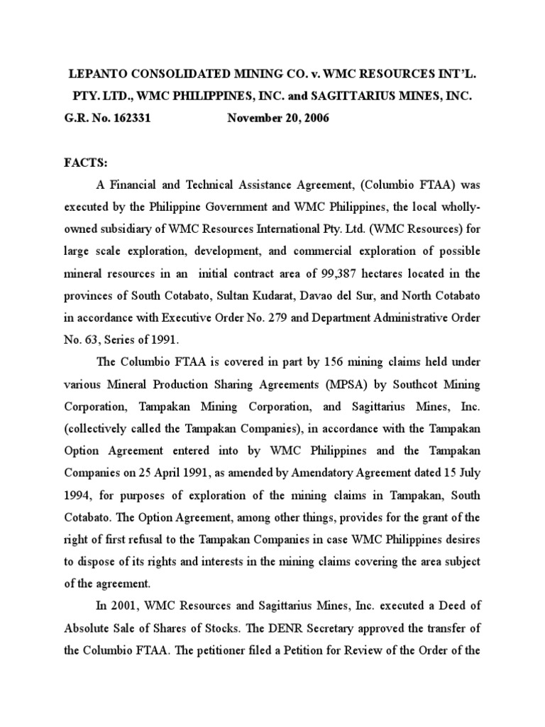 Lepanto vs. WMC Resources Case Summary | PDF | Ex Post Facto Law | Mining