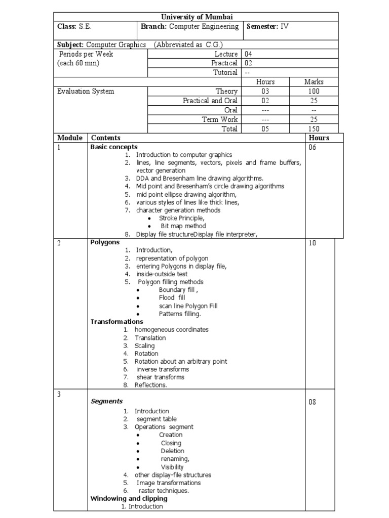 Computer Graphics Syllabus Overview | PDF | 3 D Computer Graphics | 2 D ...