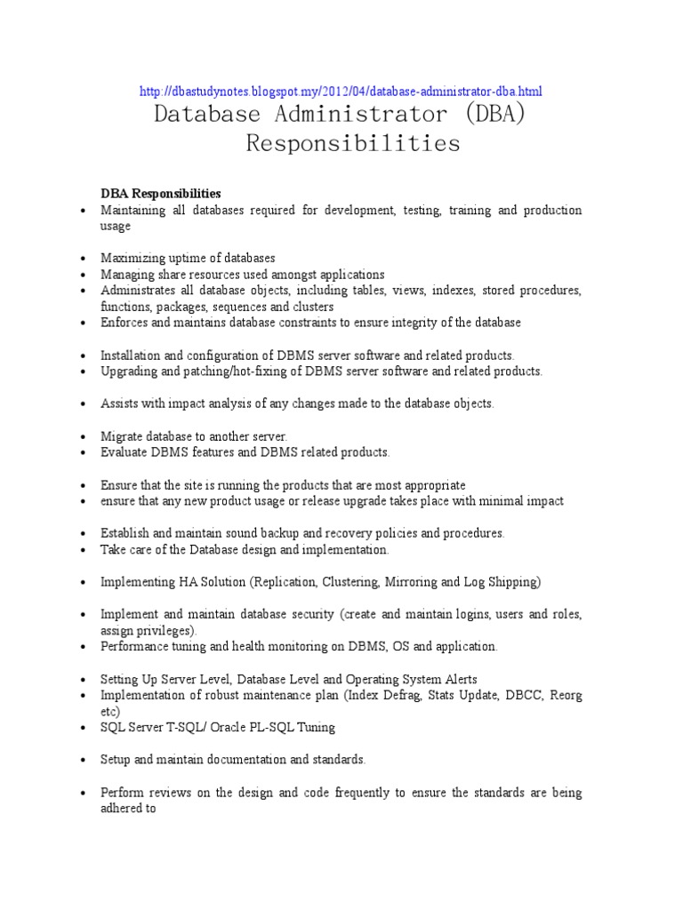 Database Administrator (DBA) Responsibilities | PDF | Information Management | Databases