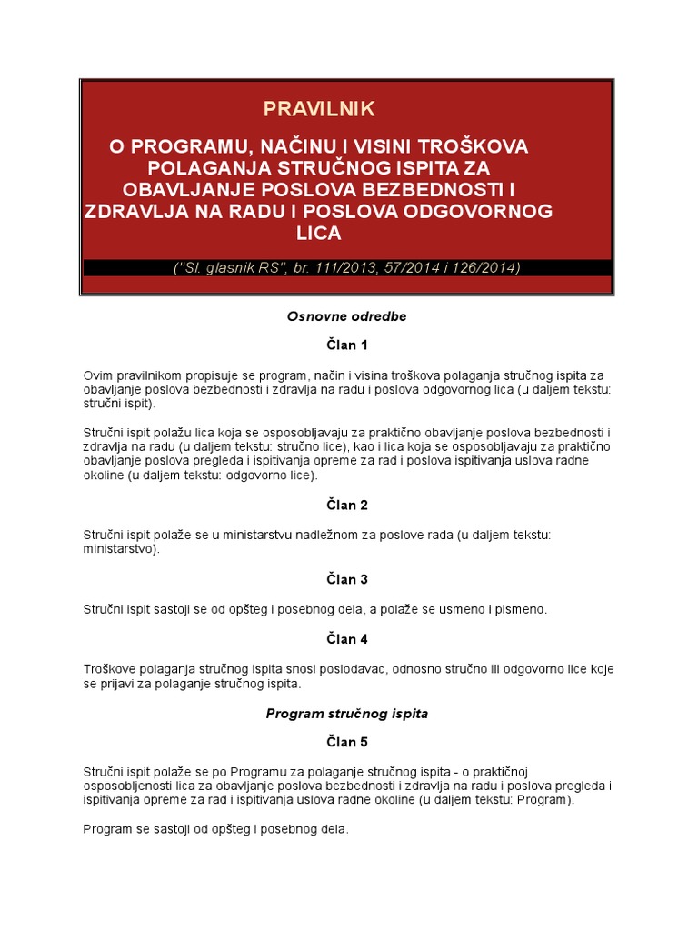 57 Pravilnik o Polaganju Ispita Za Obavljanje Poslova Bezbednosti I Zdravlja Na Radu | PDF