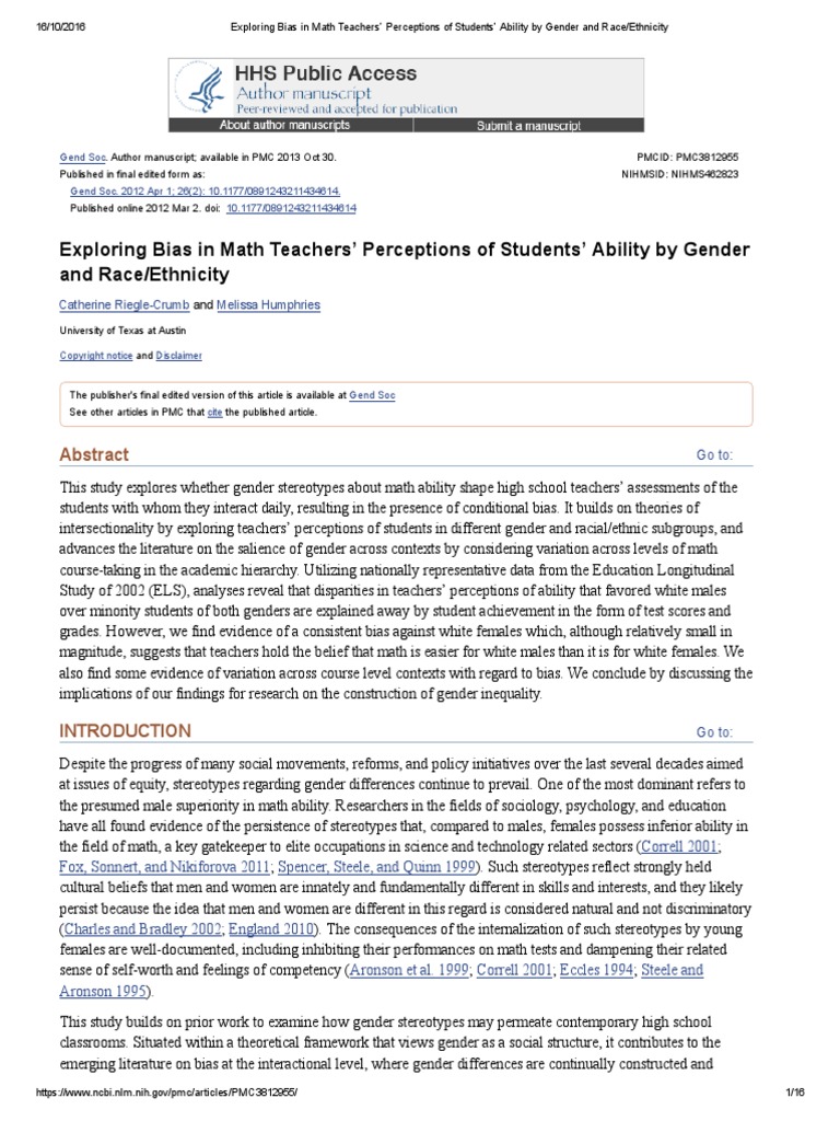 Exploring Bias in Math Teachers' Perceptions of Students' Ability by ...