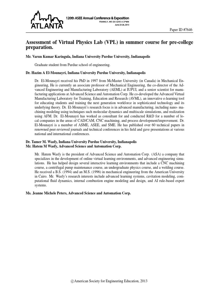 Assessment of Virtual Physics Lab VPL in Summer Course For Pre-College Preparat | PDF | Virtual ...