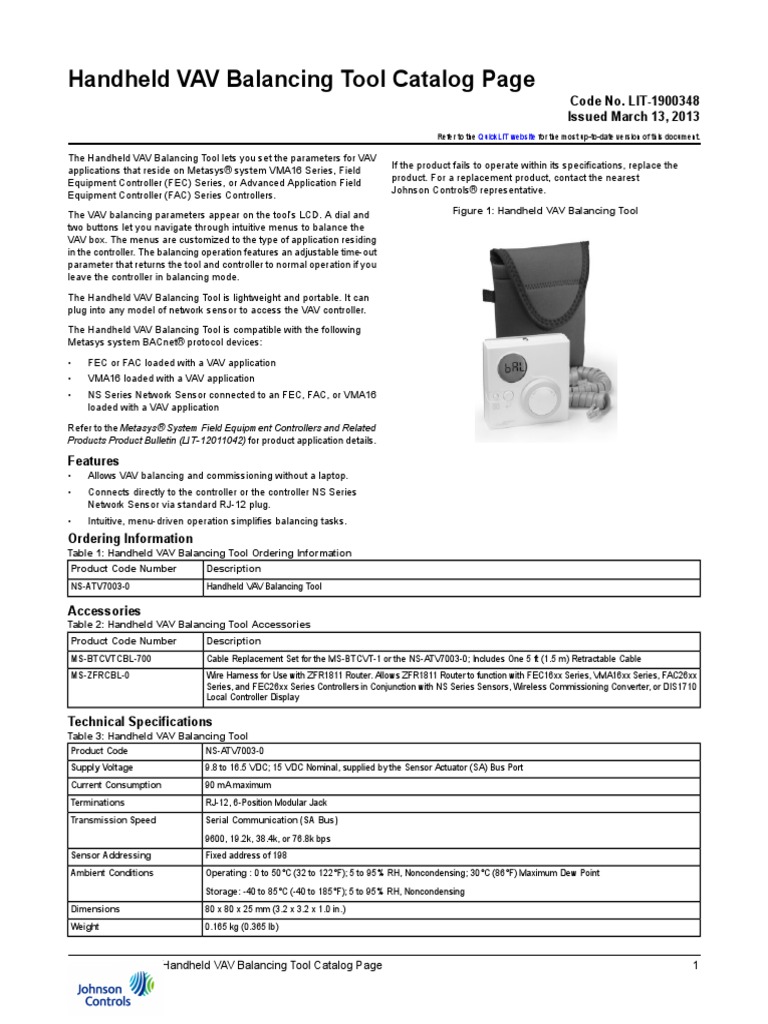 Handheld VAV Balancing Tool Catalog Page: Code No. LIT-1900348 Issued ...