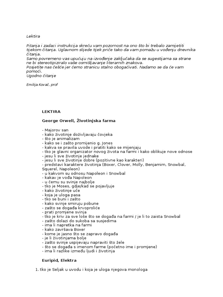 Pitanja Za Lektire